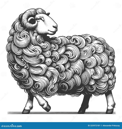 Woolly Sheep Engraving Sketch Vector Illustration Stock Illustration