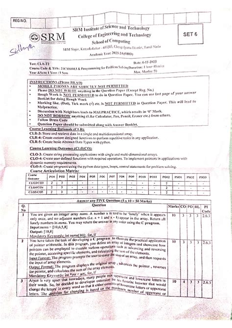 Pps Ct 2 Pps Cycle Test 2 Reg No Srm Institute Of Science And