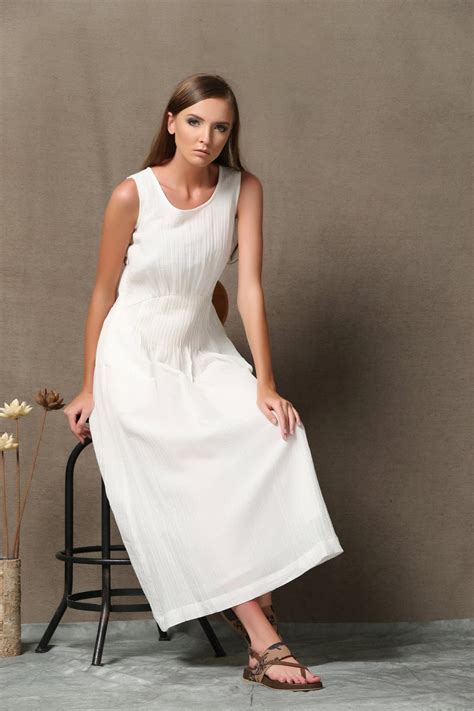 Vestido De Lino Blanco Vestido De Lino Largo Maxi Vestido De Etsy España