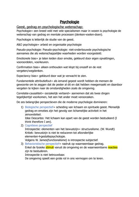 Psychologie Samenvatting Psychologie Geest Gedrag En Psychologische