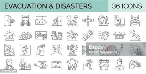 대피 재난 비상 사태와 관련된 36 개의 편집 가능한 스트로크 아이콘 세트 윤곽선 기호 모음입니다 벡터 그림 아이콘에 대한 스톡 벡터 아트 및 기타 이미지 Istock