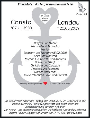 Alle Traueranzeigen für Christa Landau trauer rp online de