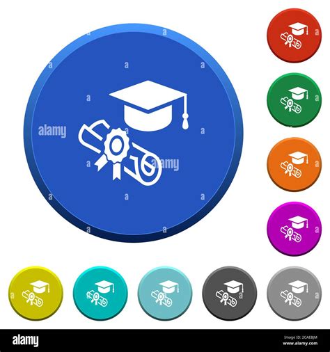 Graduation Ceremony Round Color Beveled Buttons With Smooth Surfaces And Flat White Icons Stock