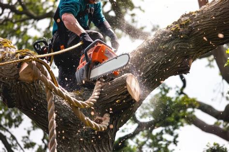 Tree Surgeon Using Chainsaw To Cut Tree Branch Tied Up With Rope Man Sawing Tree At Height