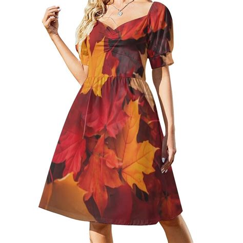 Autumn Leaves Short Sleeve Dress Clothes Womens Summer Dress Elegant