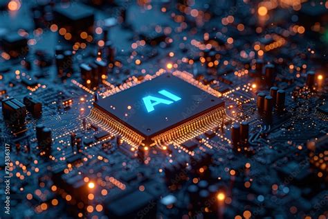 Microchip With Ai Logo Text Irradiating Pulse Of Blue Energy To Other Circuits Artificial