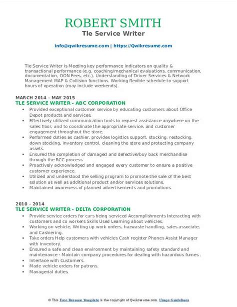 Tle Service Writer Resume Samples QwikResume