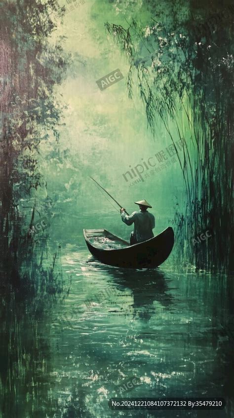 Ai创作图一叶孤舟意境画 梦幻的小舟 渔翁插画 渔翁泛舟 孤舟蓑笠翁 渔翁划舟 墨韵禅意渔舟湖畔钓鱼 凝望一叶扁舟 归宿划船轮回 摇橹的船夫