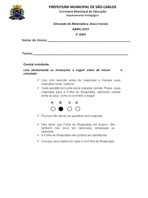 Avaliação Diagnóstica Saeb 2023 Matemática Versão Professor Pdf