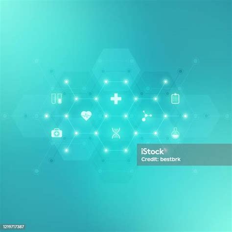 평면 아이콘과 기호와 의학의 추상적 인 배경 의료 기술 혁신 의학 건강 과학 및 연구를위한 개념과 아이디어가있는 템플릿 디자인 벡터 그림입니다 건강관리와 의술에 대한 스톡