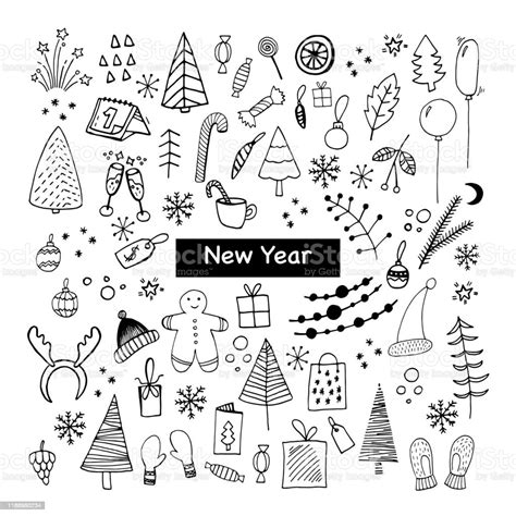 새해와 Xmas 아이콘의 큰 세트입니다 귀여운 손으로 그린 벡터 일러스트 인사말 카드 포스터 스티커 및 계절 디자인에 대한 겨울 요소 흰색 배경에 격리 스케치에 대한 스톡