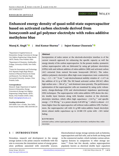Enhanced Energy Density Of Quasi‐solid‐state Supercapacitor Based On Activated Carbon Electrode