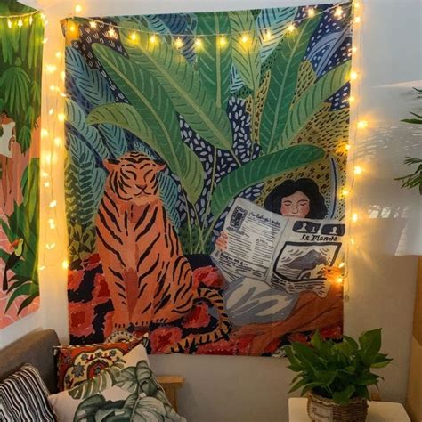 Jungle Floral Tapestry Jungle Tropical Tiger Tapestry Wall Etsy