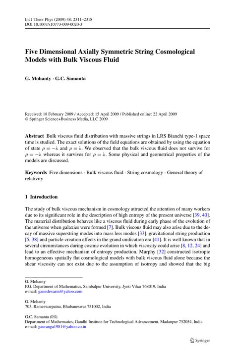 Pdf Five Dimensional Axially Symmetric String Cosmological Models