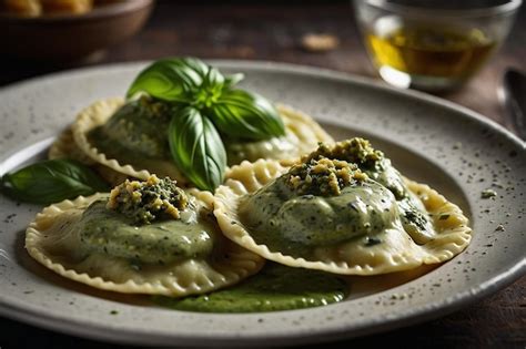 Premium Photo Ravioli With A Creamy Basil Pesto Sauce