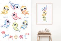Cute Birds Watercolor Clipart Funny Colorful Tiny Bird PNG
