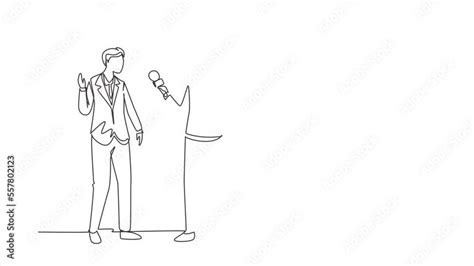Animated Self Drawing Of Continuous Line Draw Male With Microphone Making Interview With