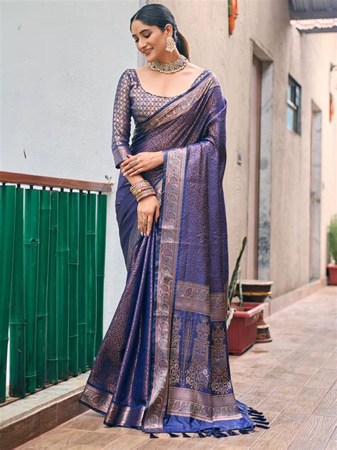 Party Wear Traditional Blue Color Kanjeevaram Silk Fabric Saree