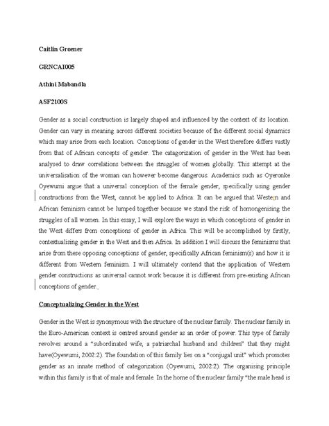 Conceptualization Of Gender In Africa Caitlin Groener Grncai Athini