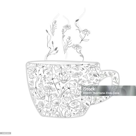 허브 차를 위한 꽃과 검은 색과 흰색 컵 건강한 친환경 허브 음료 흑백 벡터 일러스트레이션 귀여운에 대한 스톡 벡터 아트 및 기타 이미지 Istock