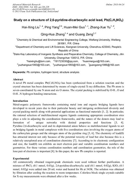 Study On A Structure Of Pyridine Dicarboxylic Acid Lead Pb C H No Scientific Net