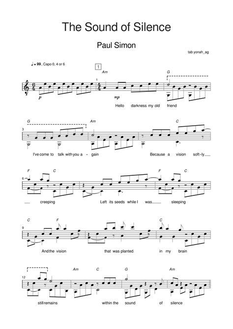 The Sound Of Silence Guitar Notation Sheet Music For Guitar Solo