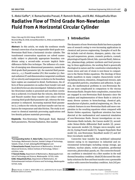Pdf Radiative Flow Of Third Grade Non Newtonian Fluid From A Horizontal Circular Cylinder