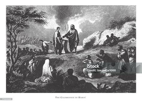 Darun의 축하 고대 근동 조각 골동품 삽화의 종교적 장면과 상징 1851 년 출판 19세기 스타일에 대한 스톡 벡터 아트 및