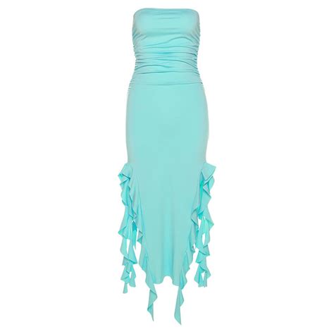 Solid Slit Irregular Ruffle Ribbon Backless Tube Midi Dress Halibuy