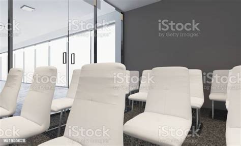 어두운 나무 테이블의 행과 사무실 인테리어의 전면 모습 3d 렌더링입니다 0명에 대한 스톡 사진 및 기타 이미지 0명 3