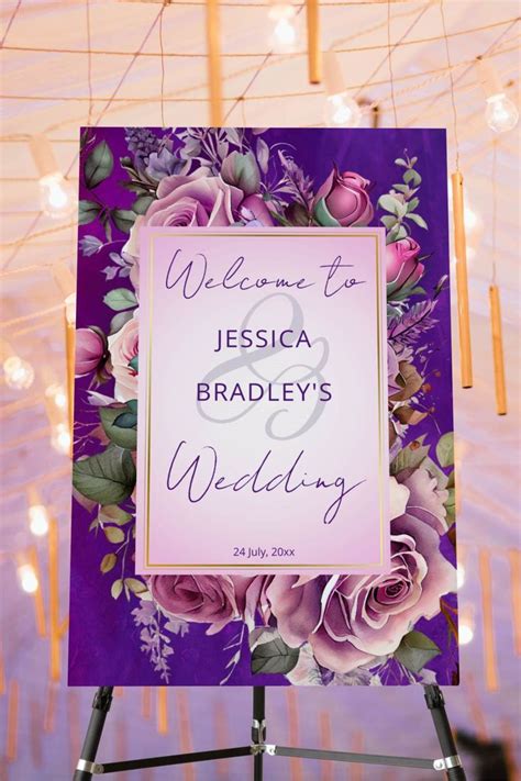 Purple Pink Roses Elegant Wedding Welcome Sign Zazzle Wedding