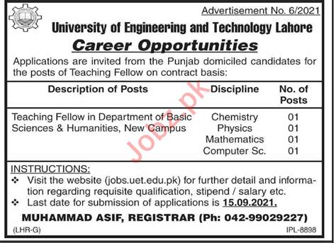 Uet University Lahore Jobs 2021 For Teaching Fellow 2024 Job