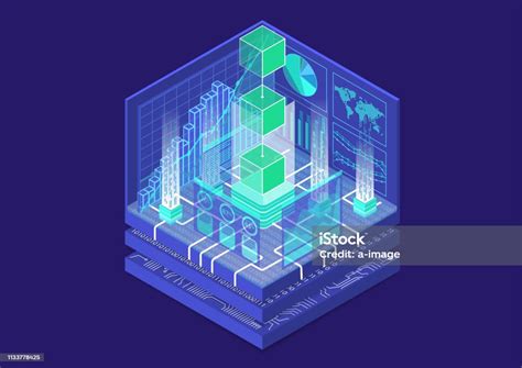 아이소메트릭 3d 벡터 일러스트 레이 션으로 부동 블록의 상징으로 Blockchain 개념 테크놀로지에 대한 스톡 벡터 아트 및