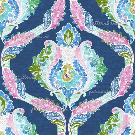 Damask Leaf Pattern On A Blue Background By Art Grocery Seamless Repeat