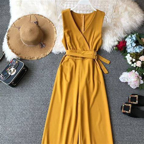 Sleeveless V Neck High Waist Sashes Wide Leg Jumpsuit