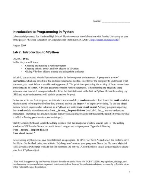 Introduction To Programming In Python Lab Introduction To Vpython