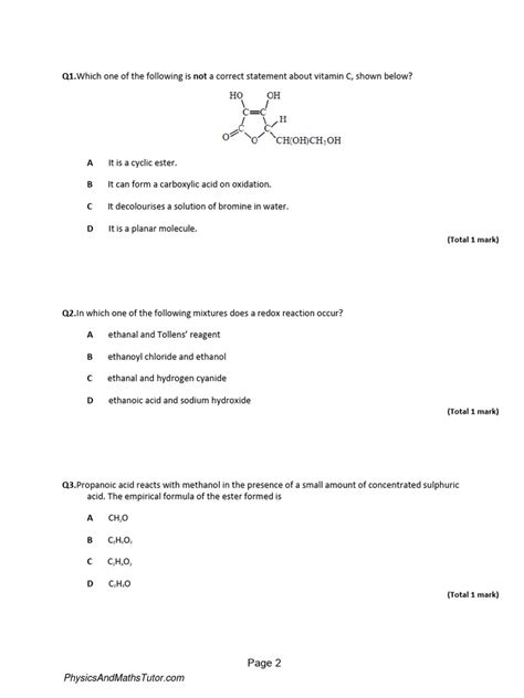 Carboxylic Acids And Derivatives Multiple Choice Qp Pdf Ester