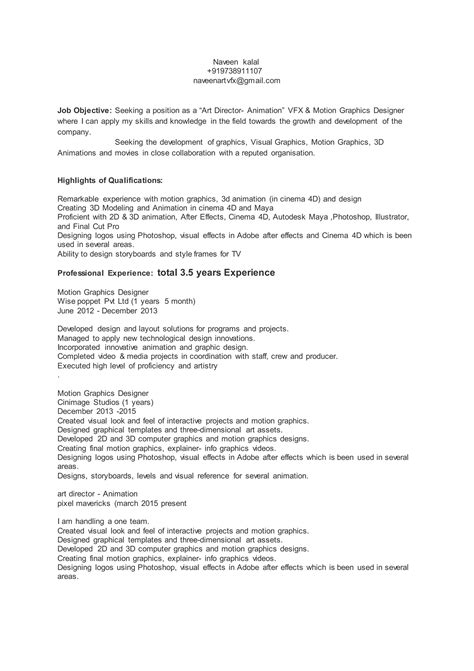 Motion Graphics Animator And Visual Effects Resume 1 Pdf