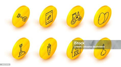 세트 라인 양파 농가 개념 당근 땅에 삽 닭고기 달걀 트랙터 특정 식물의 씨앗으로 가득 찬 팩 및 정원 갈퀴 아이콘 벡터 0명에