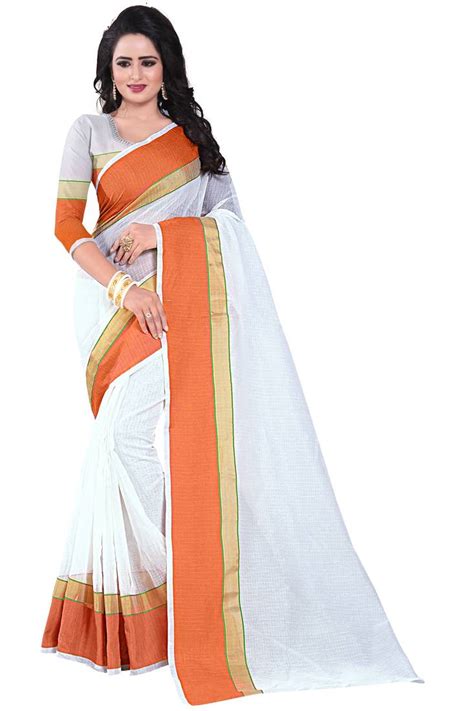 White Plain Cotton Saree With Blouse Eretail Vastra Vedika 2596473