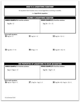 Exponential And Logarithmic Equations Algebra Binder Notes Tpt