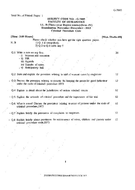Llb 4 Sem Criminal Procedure Code G 7085 Dec 2023 Total No Of