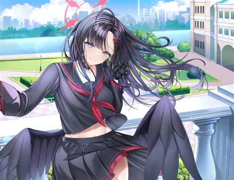 Bbooru Black Choker Black Serafuku Black Wings Blue Archive Choker