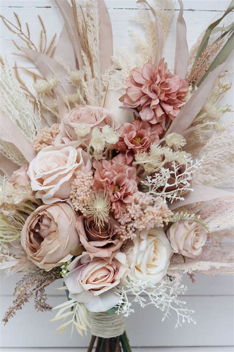 Pampas Grass Bouquet Beige Ivory Blush Pink Flowers Bridal Etsy