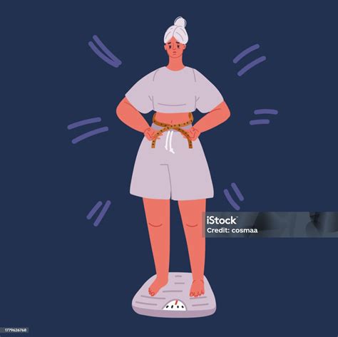 건강한 라이프 스타일 다이어트 체중 감량 개념의 만화 벡터 그림입니다 젊은 행복 여자 만화 캐릭터 서 체중 저울을 들고 무게에