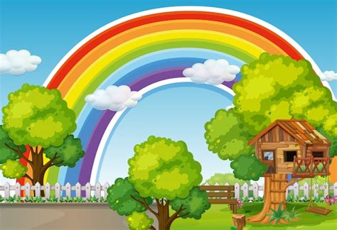 Premium Vector Background Scene With Rainbow And Treehouse