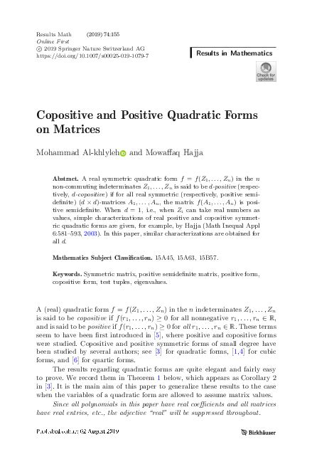 Pdf Copositive And Positive Quadratic Forms On Matrices