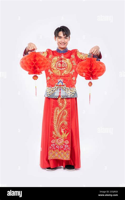 Man Wear Cheongsam Suit Show Decorate Red Lamp To His Shop In Chinese