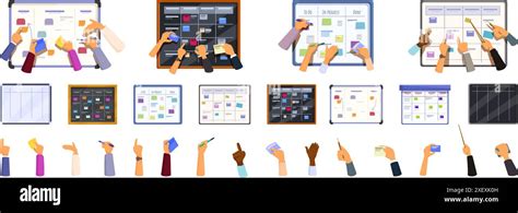 Scrum Board Icons Set Project Managers Writing On Scrum Task Board