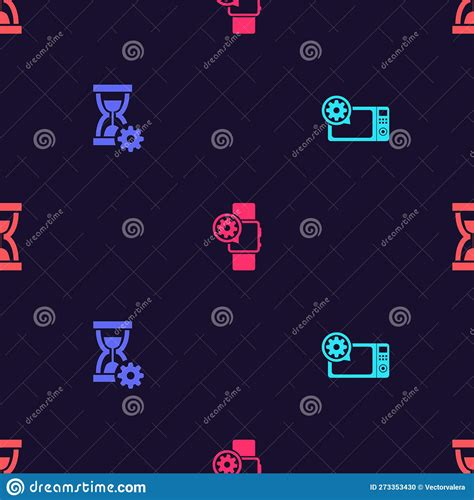 Set Microwave Oven Setting Hourglass Smartwatch And Old Hourglass With Sand On Seamless